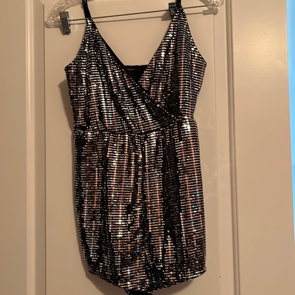 Pants & Jumpsuits | Silver And Black Shiny Romper | Poshmark